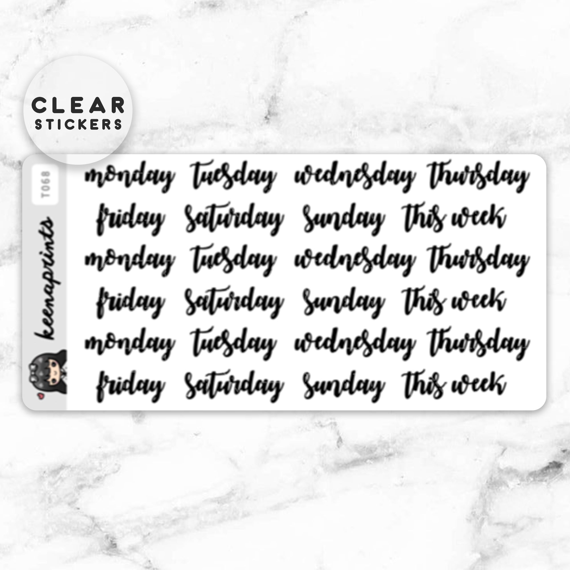 CALLIGRAPHY WEEKDAYS LABEL CLEAR STICKERS - T068 – KeenaPrints